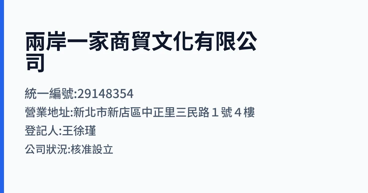 兩岸一家商貿文化有限公司 - 統編 29148354(新北市) 公司登記資料與營業項目詳細圖表