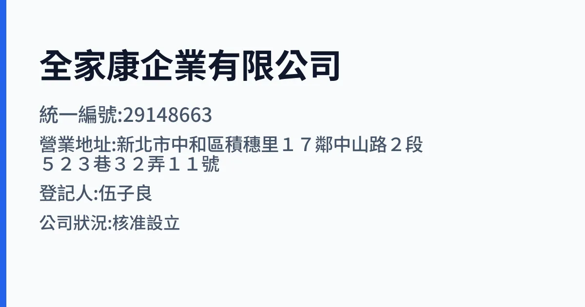 全家康企業有限公司 - 統編 29148663(新北市) 公司登記資料與營業項目詳細圖表