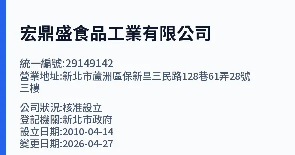 宏鼎盛食品工業有限公司的照片-統編 29149142(新北市) 公司登記資料與營業項目詳細圖表