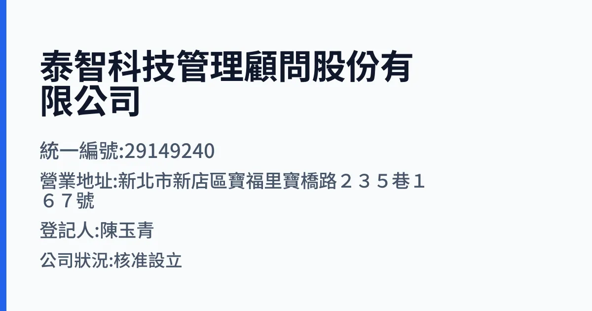 泰智科技管理顧問股份有限公司 - 統編 29149240(新北市) 公司登記資料與營業項目詳細圖表
