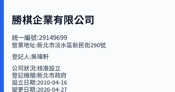 勝棋企業有限公司的照片-統編 29149699(新北市) 公司登記資料與營業項目詳細圖表