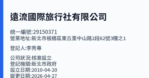 遠流國際旅行社有限公司的照片-統編 29150371(新北市) 公司登記資料與營業項目詳細圖表