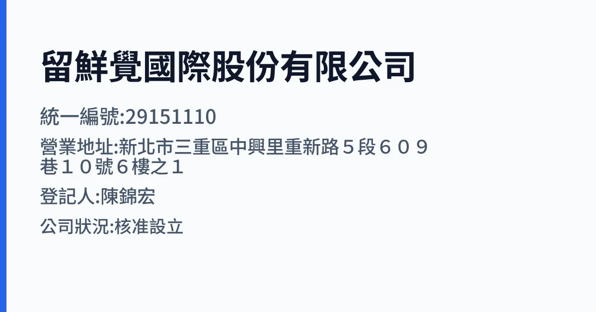 留鮮覺國際股份有限公司 - 統編 29151110(新北市) 公司登記資料與營業項目詳細圖表