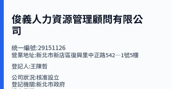 俊義人力資源管理顧問有限公司的照片-統編 29151126(新北市) 公司登記資料與營業項目詳細圖表