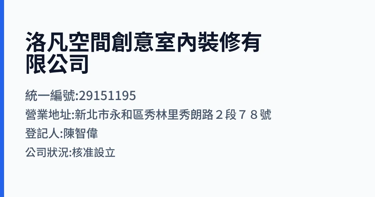 洛凡空間創意室內裝修有限公司 - 統編 29151195(新北市) 公司登記資料與營業項目詳細圖表