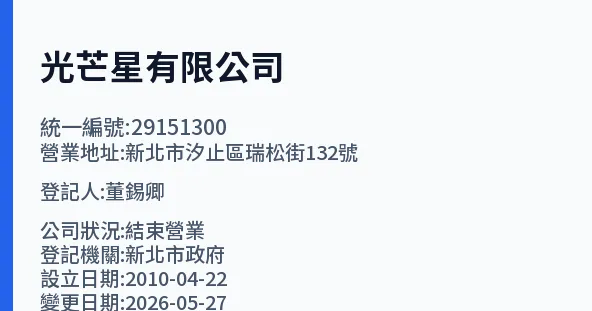 光芒星有限公司的照片-統編 29151300(新北市) 公司登記資料與營業項目詳細圖表