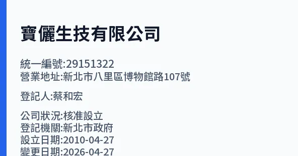 寶儷生技有限公司的照片-統編 29151322(新北市) 公司登記資料與營業項目詳細圖表