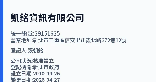 凱銘資訊有限公司的照片-統編 29151625(新北市) 公司登記資料與營業項目詳細圖表
