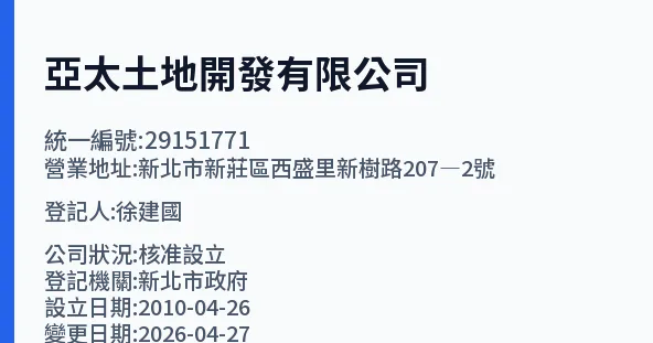 亞太土地開發有限公司的照片-統編 29151771(新北市) 公司登記資料與營業項目詳細圖表