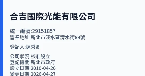 合吉國際光能有限公司的照片-統編 29151857(新北市) 公司登記資料與營業項目詳細圖表