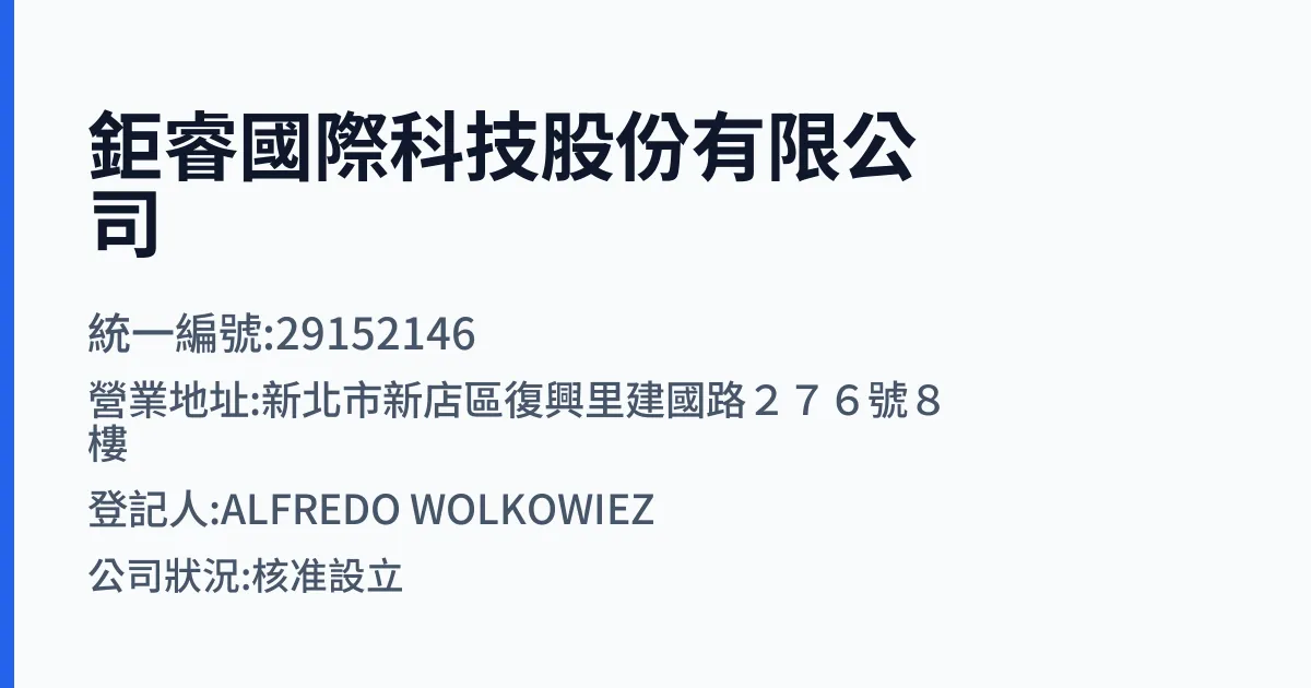 鉅睿國際科技股份有限公司 - 統編 29152146(新北市) 公司登記資料與營業項目詳細圖表