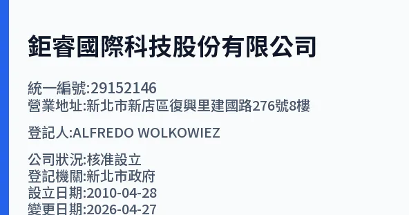 鉅睿國際科技股份有限公司的照片-統編 29152146(新北市) 公司登記資料與營業項目詳細圖表