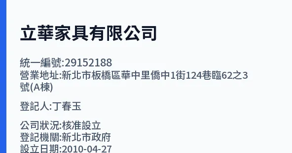 立華家具有限公司的照片-統編 29152188(新北市) 公司登記資料與營業項目詳細圖表