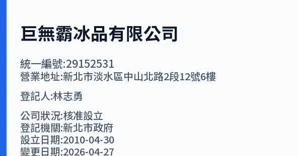 巨無霸冰品有限公司的照片-統編 29152531(新北市) 公司登記資料與營業項目詳細圖表
