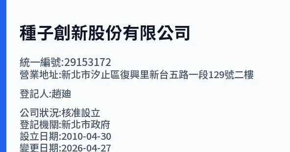 種子創新股份有限公司的照片-統編 29153172(新北市) 公司登記資料與營業項目詳細圖表