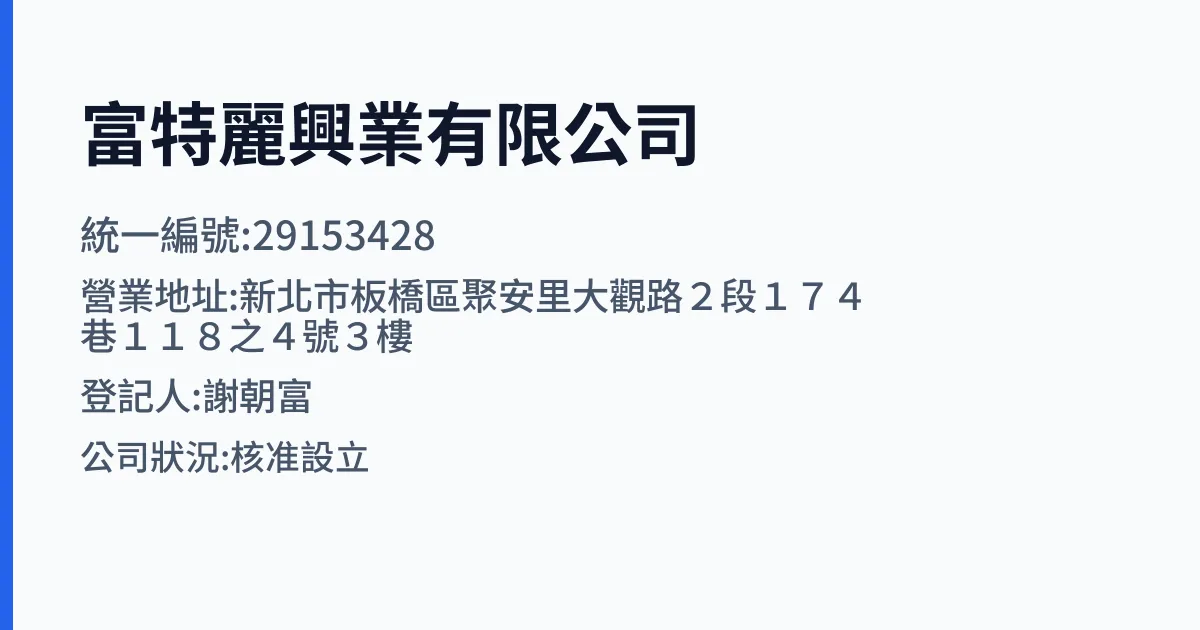 富特麗興業有限公司 - 統編 29153428(新北市) 公司登記資料與營業項目詳細圖表