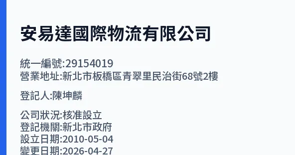 安易達國際物流有限公司的照片-統編 29154019(新北市) 公司登記資料與營業項目詳細圖表