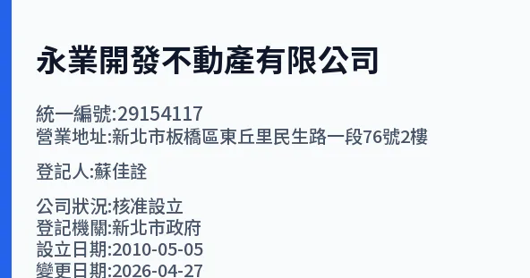 永業開發不動產有限公司的照片-統編 29154117(新北市) 公司登記資料與營業項目詳細圖表
