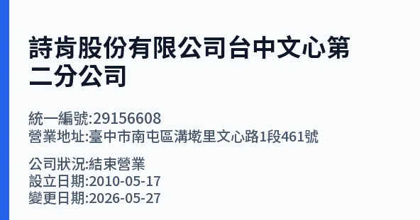 詩肯股份有限公司台中文心第二分公司的照片-統編 29156608(臺中市) 公司登記資料與營業項目詳細圖表