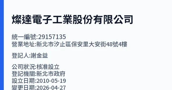 燦達電子工業股份有限公司的照片-統編 29157135(新北市) 公司登記資料與營業項目詳細圖表