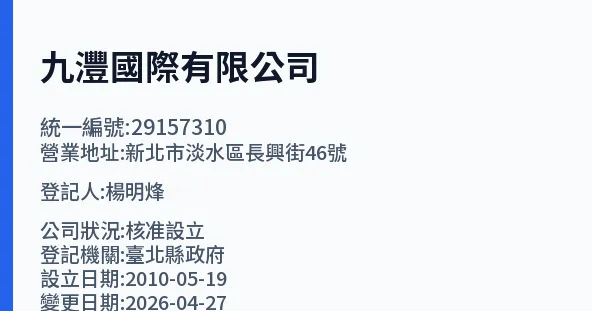 九灃國際有限公司的照片-統編 29157310(新北市) 公司登記資料與營業項目詳細圖表