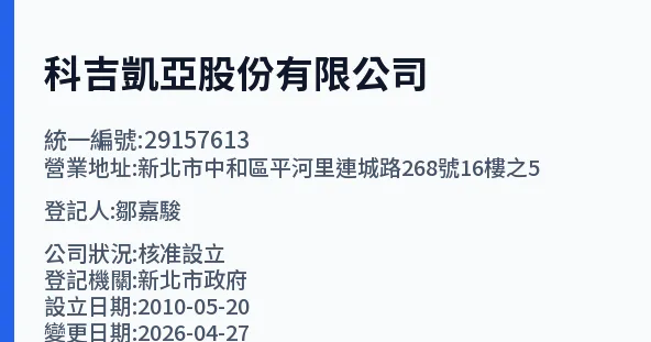 科吉凱亞股份有限公司的照片-統編 29157613(新北市) 公司登記資料與營業項目詳細圖表