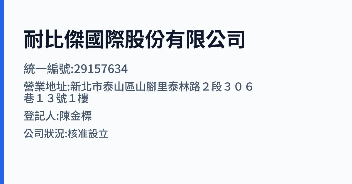 耐比傑國際股份有限公司 - 統編 29157634(新北市) 公司登記資料與營業項目詳細圖表