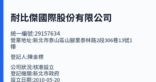 耐比傑國際股份有限公司的照片-統編 29157634(新北市) 公司登記資料與營業項目詳細圖表