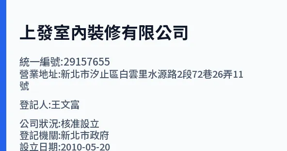 上發室內裝修有限公司的照片-統編 29157655(新北市) 公司登記資料與營業項目詳細圖表