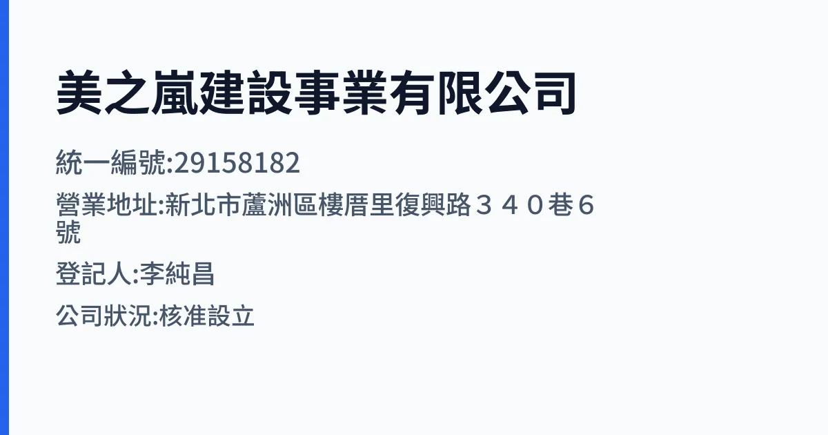 美之嵐建設事業有限公司 - 統編 29158182(新北市) 公司登記資料與營業項目詳細圖表