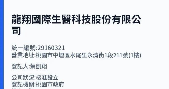龍翔國際生醫科技股份有限公司的照片-統編 29160321(桃園市) 公司登記資料與營業項目詳細圖表