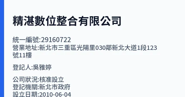 精湛數位整合有限公司的照片-統編 29160722(新北市) 公司登記資料與營業項目詳細圖表