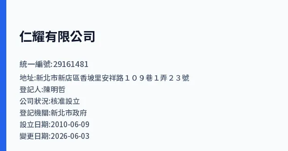 仁耀有限公司的照片-統編 29161481(新北市) 公司登記資料與營業項目詳細圖表