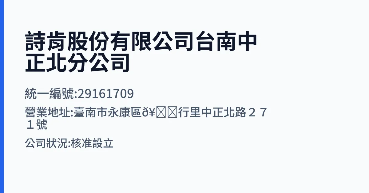 詩肯股份有限公司台南中正北分公司 - 統編 29161709(臺南市) 公司登記資料與營業項目詳細圖表