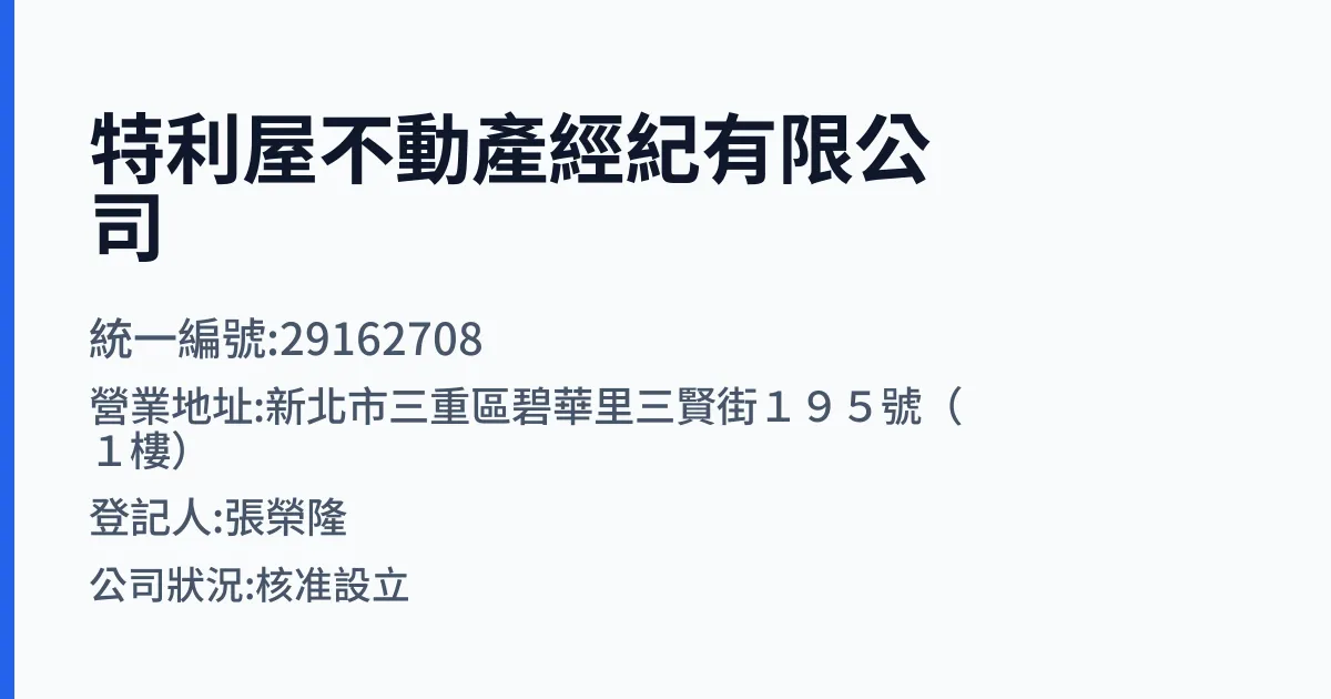 特利屋不動產經紀有限公司 - 統編 29162708(新北市) 公司登記資料與營業項目詳細圖表