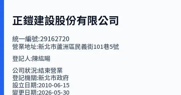 正鎧建設股份有限公司的照片-統編 29162720(新北市) 公司登記資料與營業項目詳細圖表
