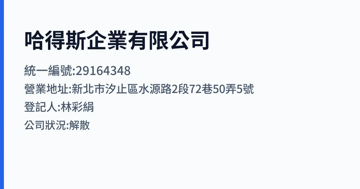哈得斯企業有限公司 - 統編 29164348(新北市) 公司登記資料與營業項目詳細圖表