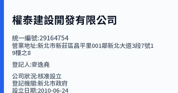 權泰建設開發有限公司的照片-統編 29164754(新北市) 公司登記資料與營業項目詳細圖表