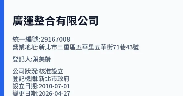 廣運整合有限公司的照片-統編 29167008(新北市) 公司登記資料與營業項目詳細圖表