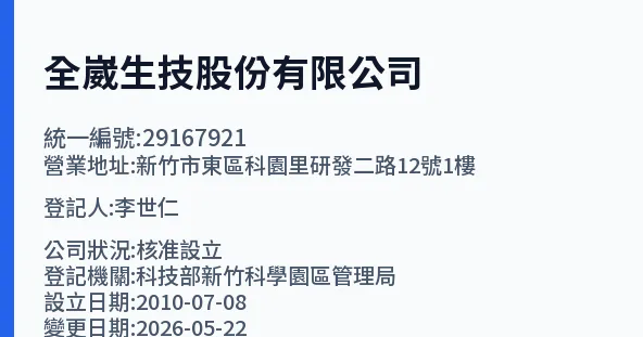 全崴生技股份有限公司的照片-統編 29167921(新竹市) 公司登記資料與營業項目詳細圖表