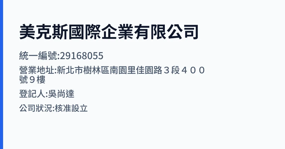美克斯國際企業有限公司 - 統編 29168055(新北市) 公司登記資料與營業項目詳細圖表