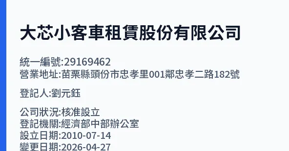 大芯小客車租賃股份有限公司的照片-統編 29169462(苗栗縣) 公司登記資料與營業項目詳細圖表