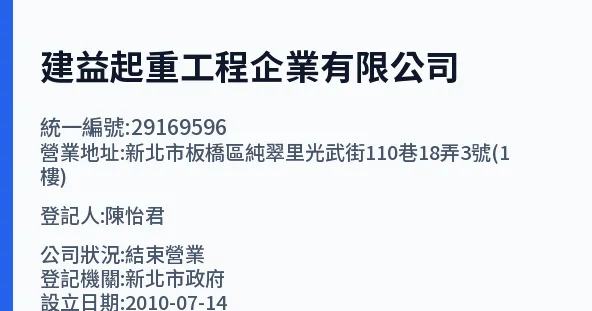建益起重工程企業有限公司的照片-統編 29169596(新北市) 公司登記資料與營業項目詳細圖表