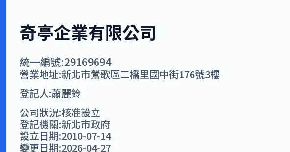 奇亭企業有限公司的照片-統編 29169694(新北市) 公司登記資料與營業項目詳細圖表