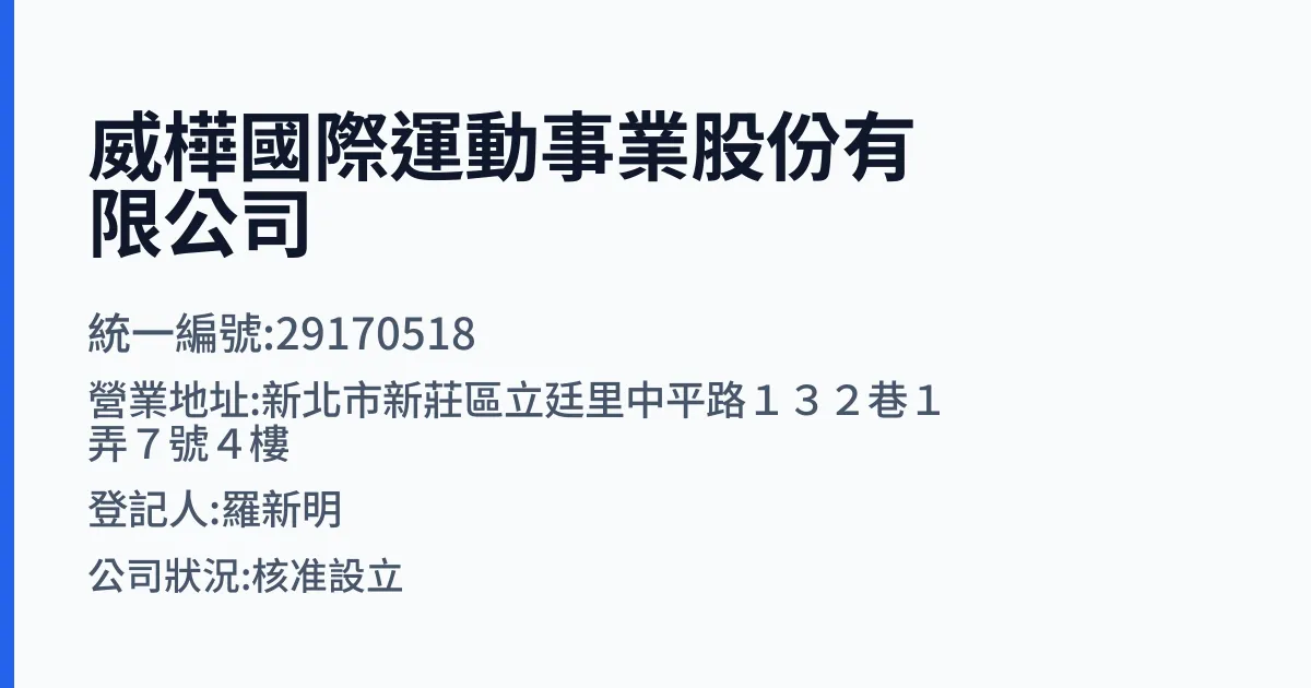 威樺國際運動事業股份有限公司 - 統編 29170518(新北市) 公司登記資料與營業項目詳細圖表