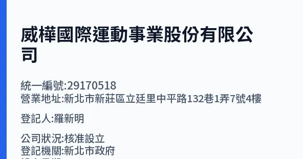 威樺國際運動事業股份有限公司的照片-統編 29170518(新北市) 公司登記資料與營業項目詳細圖表