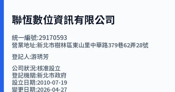 聯恆數位資訊有限公司的照片-統編 29170593(新北市) 公司登記資料與營業項目詳細圖表