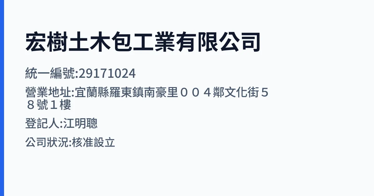 宏樹土木包工業有限公司 - 統編 29171024(宜蘭縣) 公司登記資料與營業項目詳細圖表