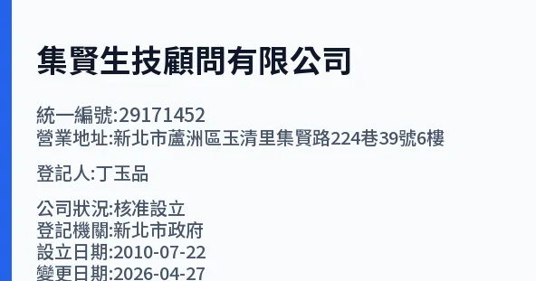 集賢生技顧問有限公司的照片-統編 29171452(新北市) 公司登記資料與營業項目詳細圖表
