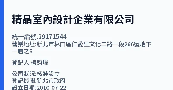 精品室內設計企業有限公司的照片-統編 29171544(新北市) 公司登記資料與營業項目詳細圖表